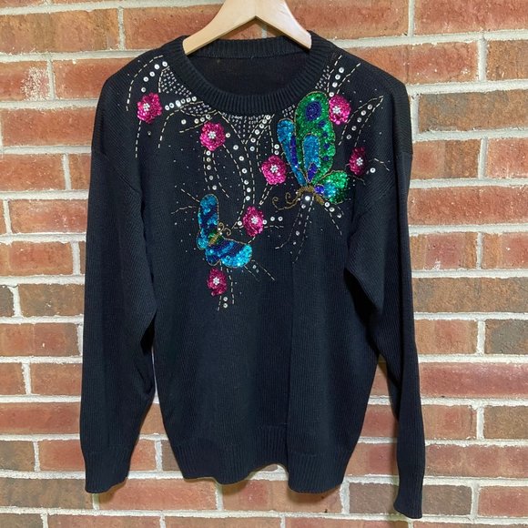Vintage | Sweaters | Vintage 8s Beaded Sequined Sweater Butterfly ...